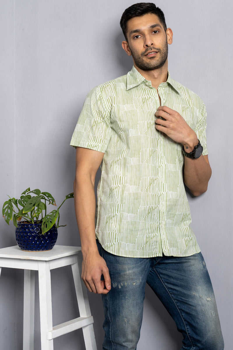 Green Lines Print Cotton Shirt, Half Sleeves for Summers | Style Matte ...