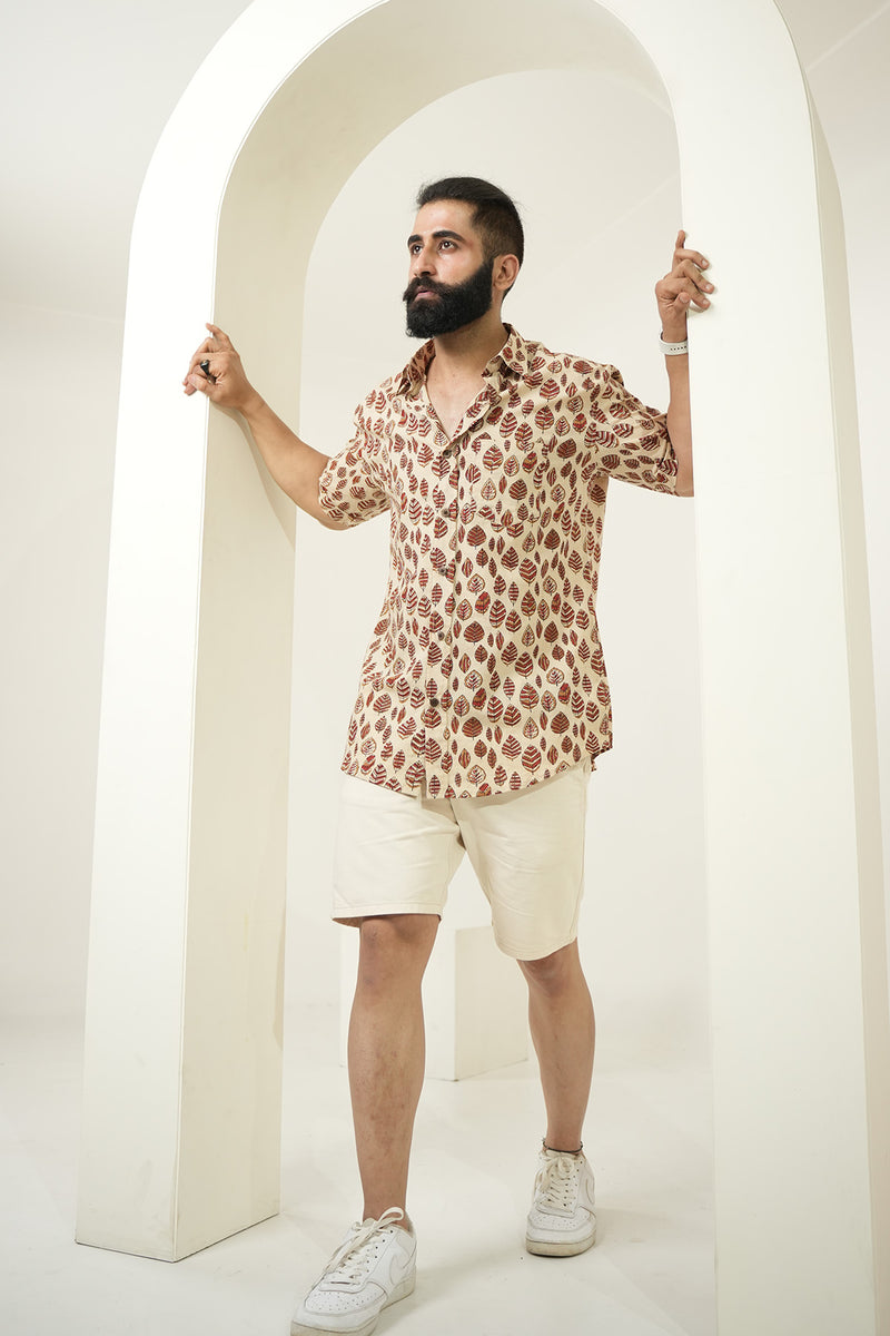 Mud Shirt with Maroon Leaf Print, Half Sleeves | Style Matters