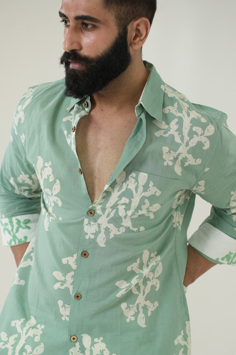 Green color shirt with White Motifs print shirt. – Style Matters
